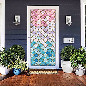 ZDX Mermaid Scales Door Banner Gold Glitter Purple Pink Blue Photo Backdrop Decor Princess Baby Shower Mermaid Birthday Party Door Hanger Cover Sign Supplies Poster Background Decor 72.8 x 35.4in
