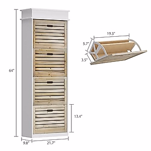 FAMAPY Tall Shoe Storage Cabinet with 4 Flip Drawers, Narrow Shoe Cabinet for Entryway, Shoe Storage for Hallway Light Brown and White (21.7”W x 9.8”D x 61”H)