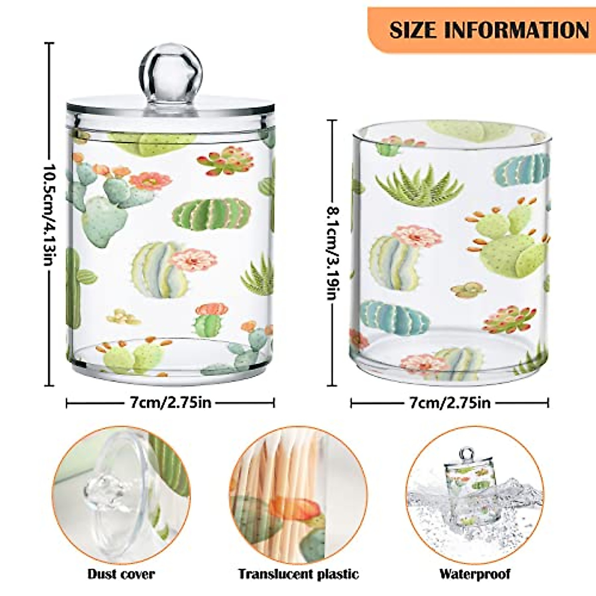 Kigai 2PCS Cactus Qtip Holder Dispenser with Lids - 14 oz Bathroom Storage Organizer Set, Clear Apothecary Jars Food Storage Containers, for Tea, Coffee, Cotton Ball, Floss