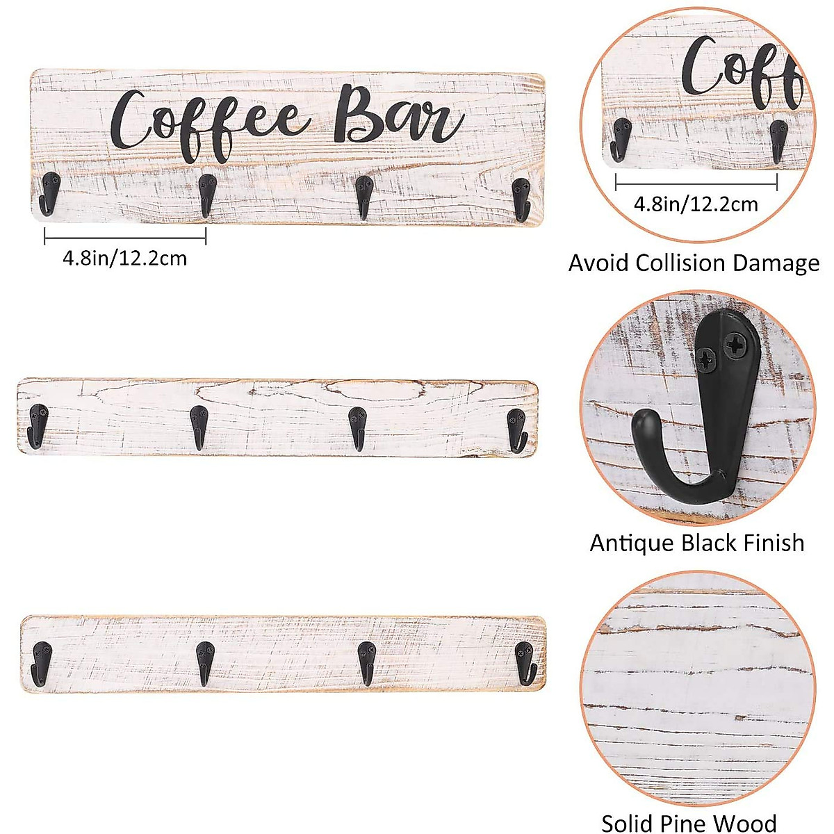 Coffee Mug Holder,Wall Mounted Coffee Mug Rack,Rustic Wood Cup Organizer with 12 Hooks,Kitchen Display Storage and Collection (White)