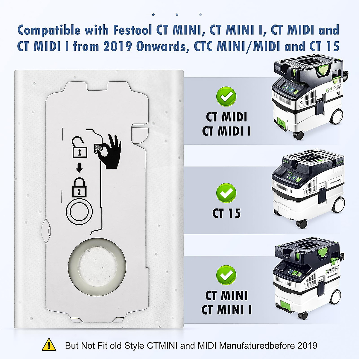 6 Pack 204308 CT Mini/Midi -2/5 Filter Bags Compatible with Festool CT MINI, CT MINI I, CT MIDI and CT MIDI I from 2019 Onwards, CTC MINI/MIDI and CT 15