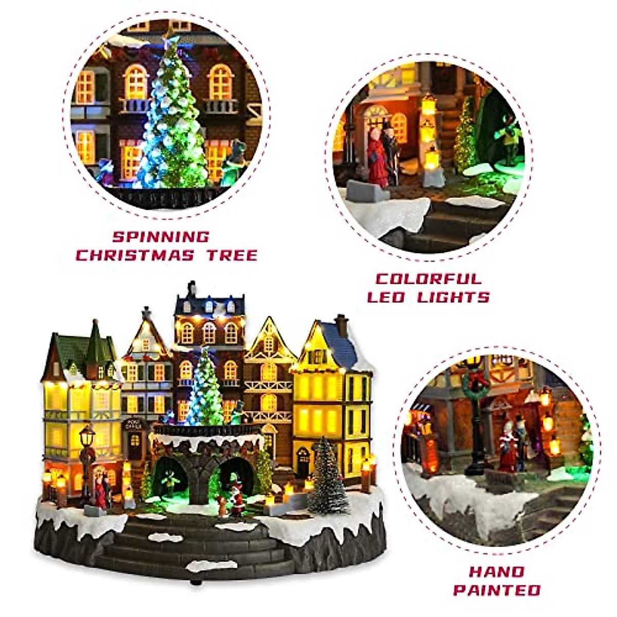 YQQY Christmas Village House, 12.4" H Large Size, Colourful LED Lights with Christmas Music, Rotating Christmas Trees and Roller Skaters, Christmas Decoration for Home (Yellow)