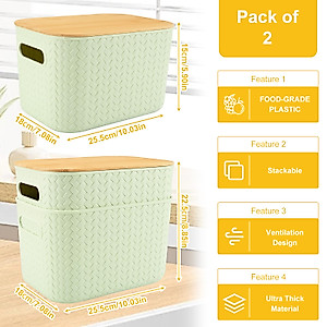 2 Packs Storage Bins with Bamboo Lids,Plastic Stackable Storage Containers,Storage Box Storage Baskets Lidded Organizer Bins for Shelves Drawers Desktop Closet Playroom Classroom Office (Green)