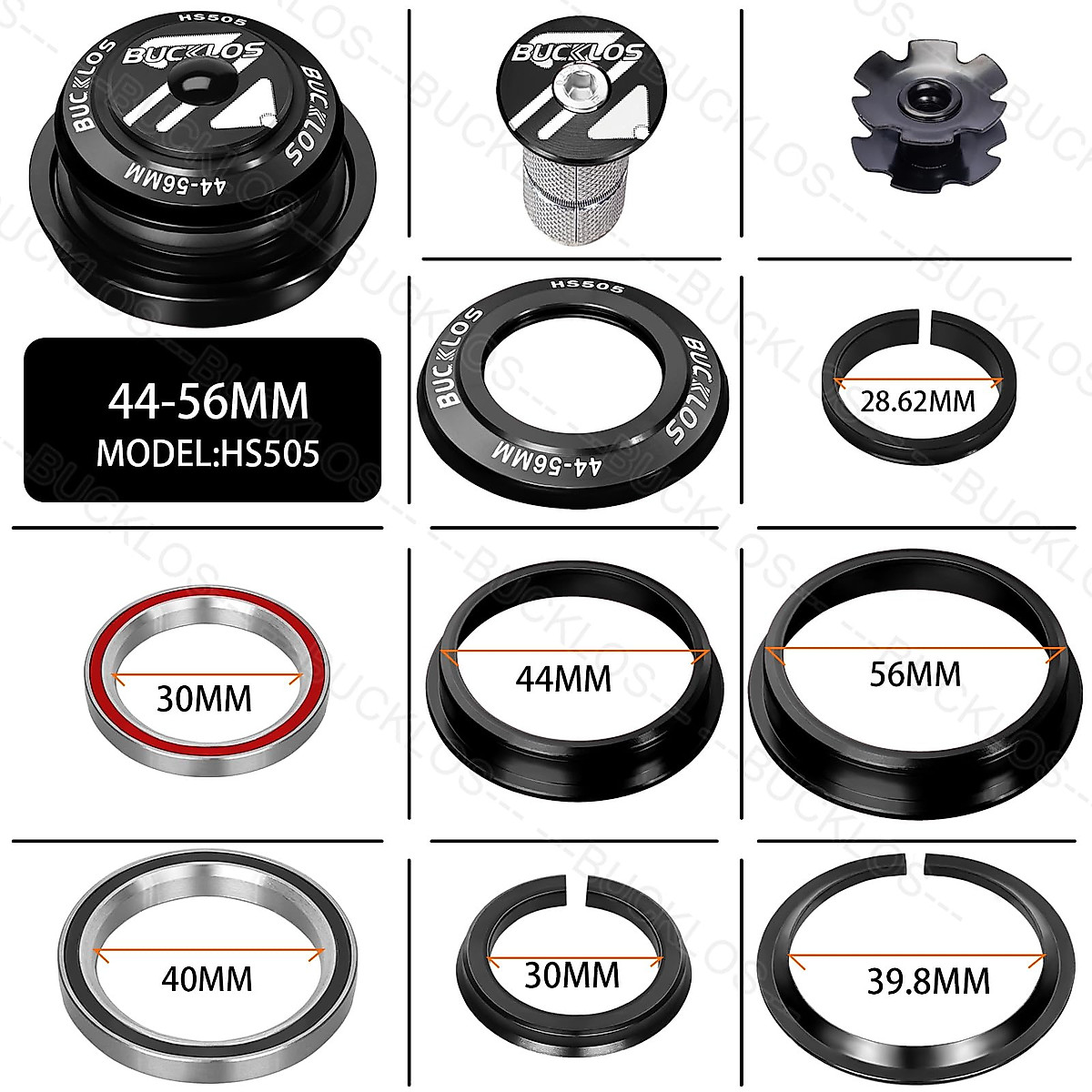 BUCKLOS 1-1/8 Bike Headset MTB Threadless 34 44 44-50.6 44-55 44-56 41.8-52mm, Straight Tapered Tube Mountain Bikes Road Bicycle Double Sealed Bearings Headsets, for Frame Fork Expander Plug Star Nut