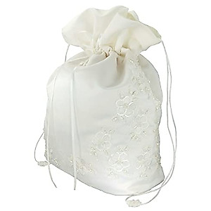 ENCHANTED BRIDE Satin Bridal Wedding Money Bag (#E1D4MBiv) in LARGE Size with Pearl-Embellished Floral Lace for Receiving Envelopes and cards, Bridal Purse, and Other Special Occasions