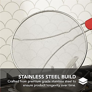 ALPHA LIVING Splatter Guard for Frying Pan & Food Strainer and Universal Cookware 13" - Stops Hot Oil Splash - RED Handle - Splatter Screen for Cooking