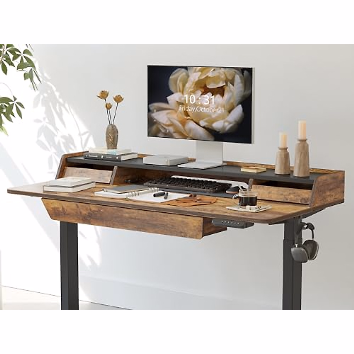 FEZIBO Standing Desk Adjustable Height with Drawers, 48 x 25 Inch Stand Up Desk with Storage Shelf, Electric Standing Desk with Storage Space, Rustic Brown Top/Black Frame