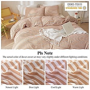 EAVD Duvet Cover Queen White and Khaki Striped Duvet Cover Soft Microfiber Modern Striped Gemetric Pattern Bedding Set with 2 Pillowcases Reversible Striped Comforter Cover with Zipper Closure