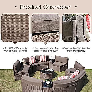 SUNSITT Patio Furniture Set 13-Piece Round Sectional Sofa Patio Furniture Wicker Sofa with 4 Side Tables and 4 Pillows for Patio, Yard, Garden or Backyard (Grey Brown)