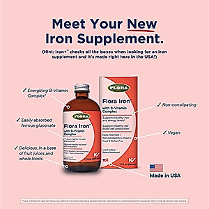 Flora Iron with B-Vitamin Complex - Helps Maintain Healthy Iron Levels - Non-Constipating, Highly Absorbable - Vitamin-B & Liquid Iron - Vegan Supplement - Yeast & Gluten Free, 7.7-oz. Glass Bottle
