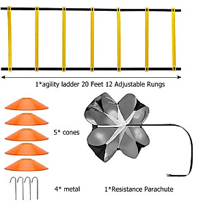 CANPPNY Speed Agility Training Kit—Includes Agility Ladder with Carrying Bag, 5 Disc Cones, Resistance Parachute.Use Equipment to Improve Footwork Any Sport.
