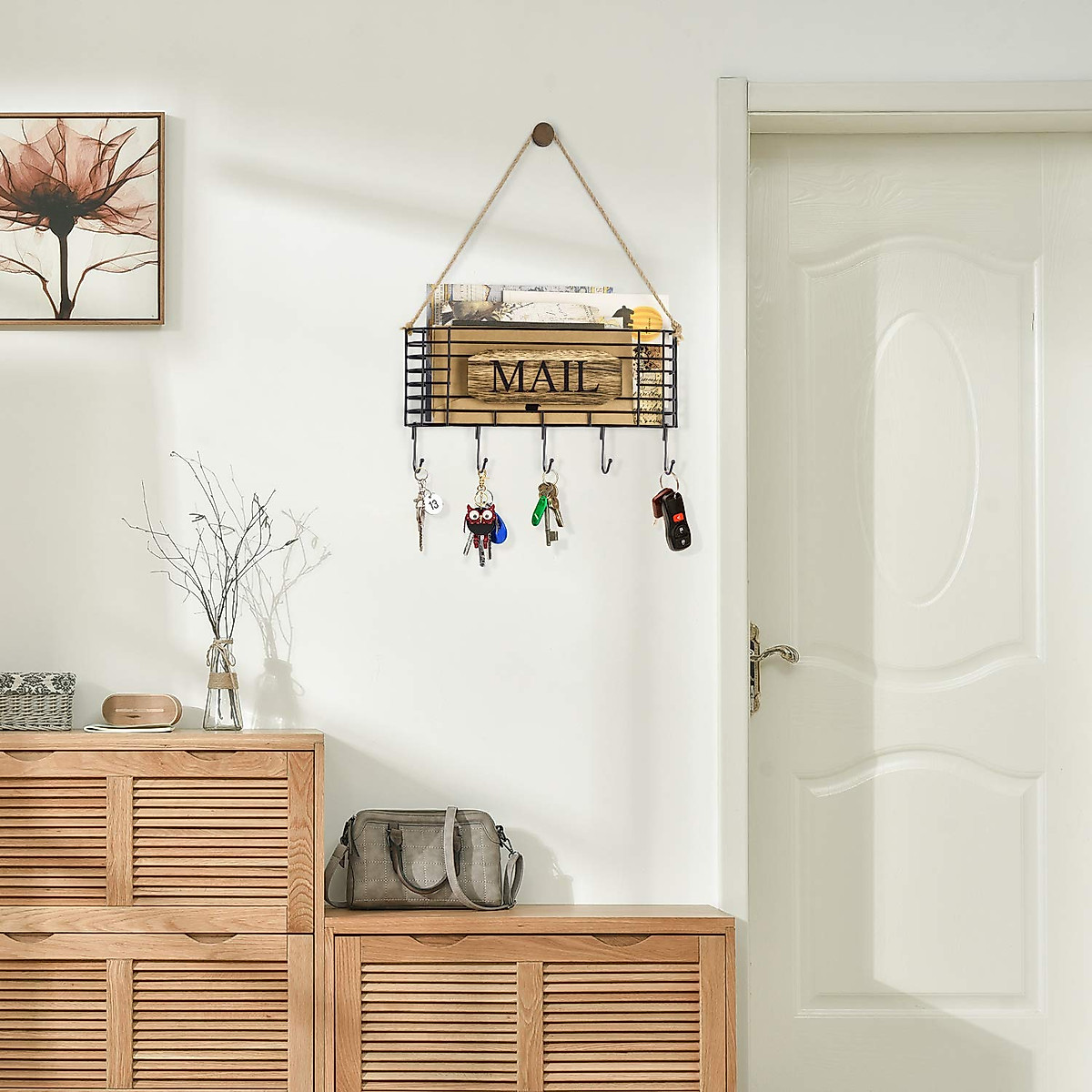 SRIWATANA Mail Holder, Rustic Mail Organizer Wall Mount Hanging Mail Sorter Letter Basket with 5 Key Holder for Wall, Large, Carbonized Black