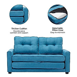 RIDFY Modern Convertible Sleeper Sofa Bed with Pull-Out Bed and Two Side Pockets, Chenille Loveseat Sleeper Sofa Couch for Living Room, Apartment, Office (Blue)