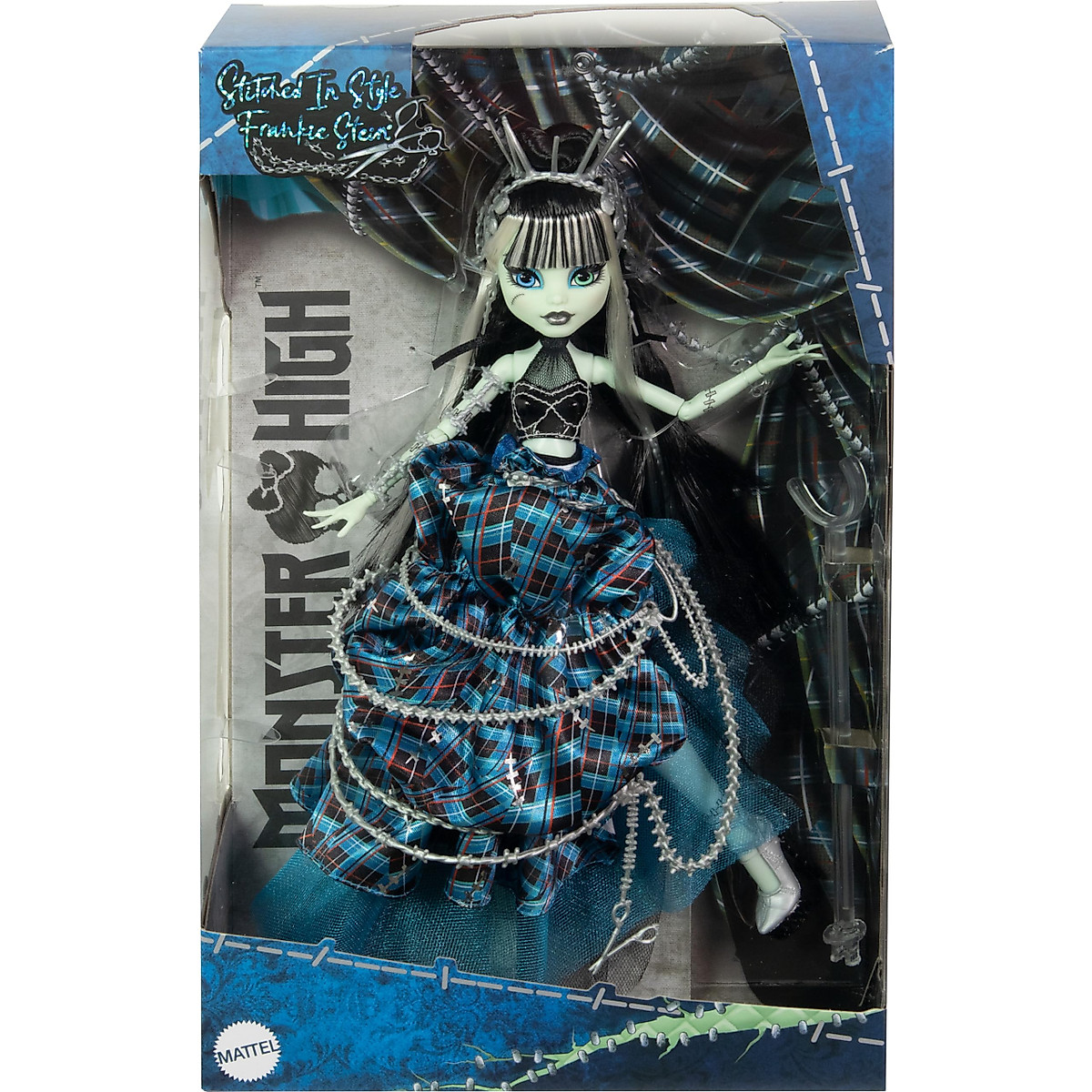 Monster High Doll, Frankie Stein Stitched in Style Fashion Collectible, Blue Plaid Couture Gown & Sewing-Inspired Accessories (Amazon Exclusive)