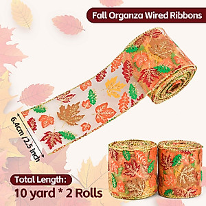 2 Rolls Fall Wired Ribbon Autumn Maple Leaves Organza Glitter Ribbons Thanksgiving Orange Decorative Craft Ribbon for Gift Wrapping Bow Wreath Making DIY Fall Party Decoration