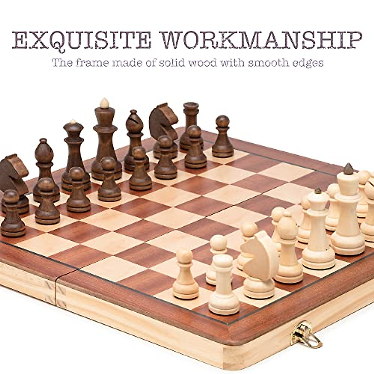 Lingle 15 Inch Travel Wooden Folding Chess Set w/ 3 Inch Kh Chess Pieces-Mahogany & Maple Inlay Board Games/Muslim Friendly