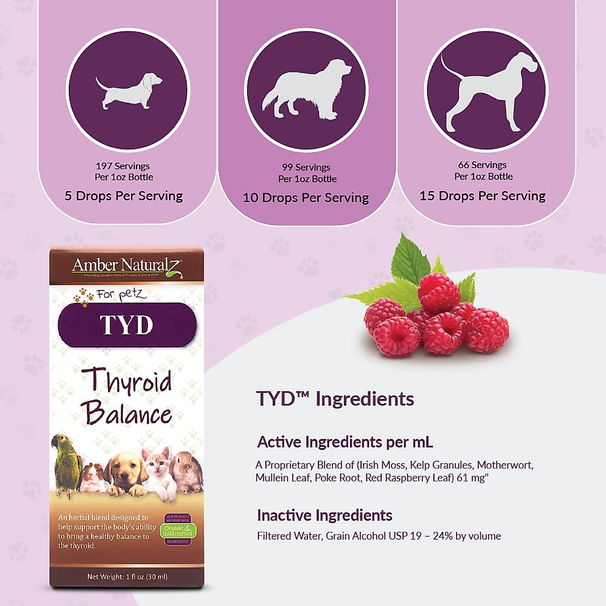 Amber NaturalZ TYD Thyroid Balance Herbal Supplement for Dogs, Cats, Birds, Guinea Pigs, and Rabbits | Herbal Pet Supplement for Thyroid Health | 1 Fluid Ounce Glass Bottle | Manufactured in The USA