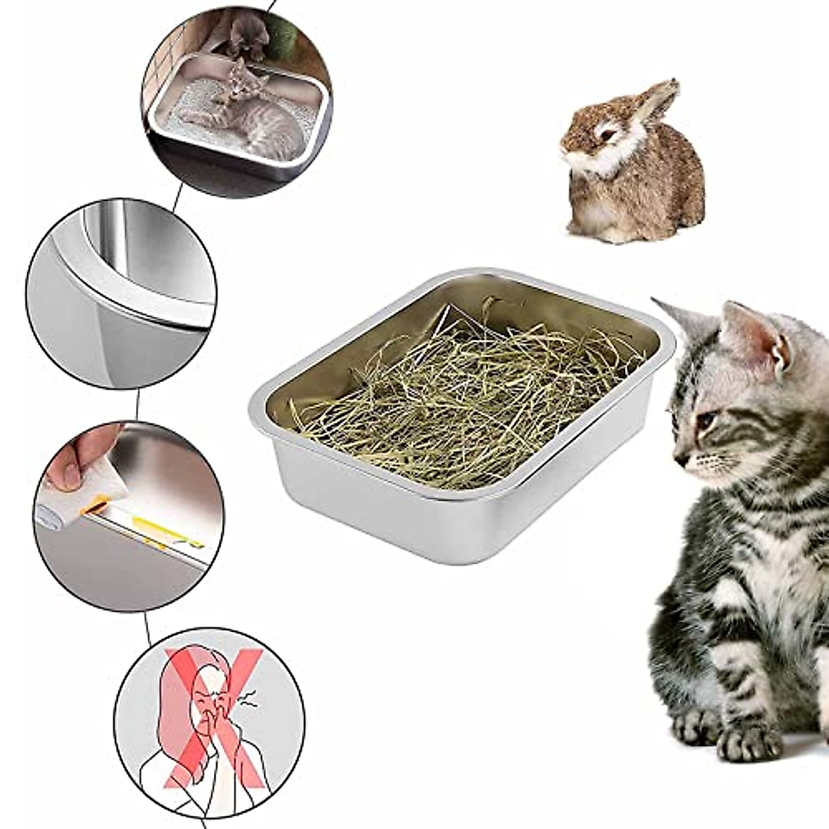 awcnilacav Stainless Steel Litter Box for Cat and Rabbit Odor Control Non Stick Smooth Easy to Clean Never Bend Rust Proof Stainless Steel Litter Box Extra Large for Cats