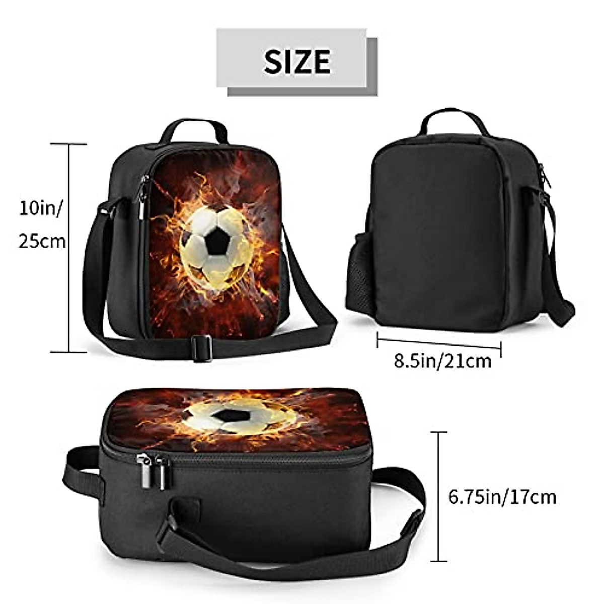 PrelerDIY Fire Soccer Lunch Box - Insulated Lunch Bag for Kids with Side Pocket & Shoulder Strap Snack Bags, Perfect for School/Camping/Hiking/Picnic/Beach/Travel