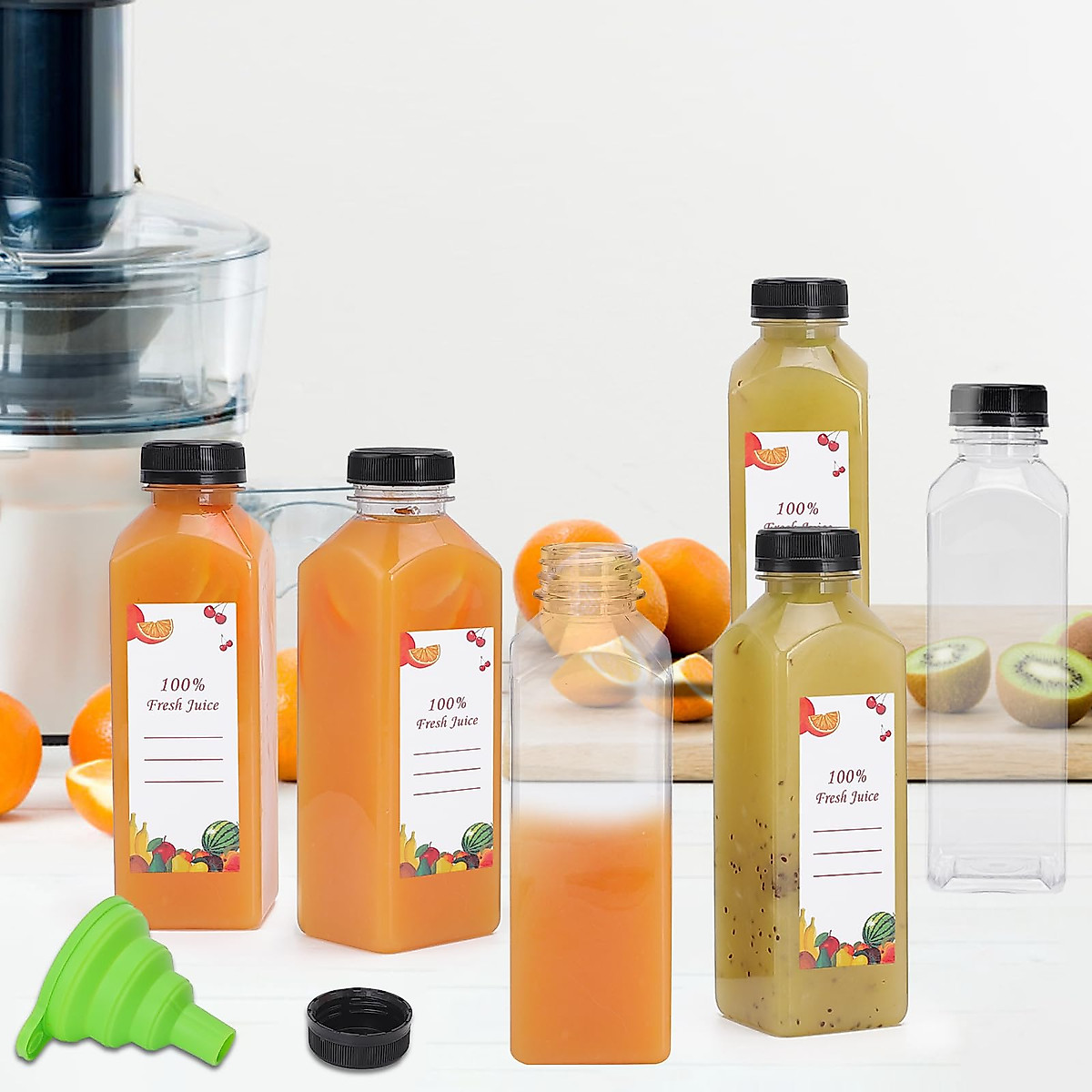 OBKJJ Plastic Juice Bottles 150 pcs 16 oz Empty Plastic Water Bottles with Caps Reusable Clear Beverage Containers for Drinking, Juicing, Smoothie, Water with 2 Brushes, 2 Funnels (16-OZ)