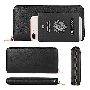 WOZEAH Women's RFID Blocking PU Leather Zip Around Wallet Clutch Large Travel Purse (A black)