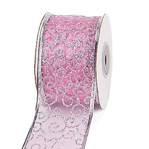 LaRibbons Wired Christmas Holiday Ribbon - Lt.Pink Swirl Sheer Glitter Ribbon - 2.5 inch x 25 Yard Each Roll - Silver Wired Edge