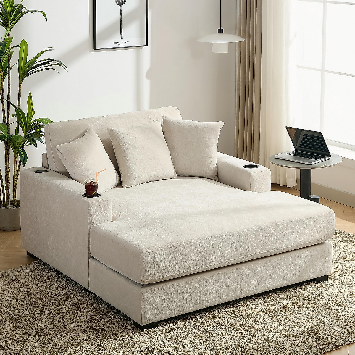 Brabrety Oversized Chaise Lounger Modern Style Sofa Couch,with Pillows, Charge Station & Cup Holders, Chenille Fabric (Cream-55in)
