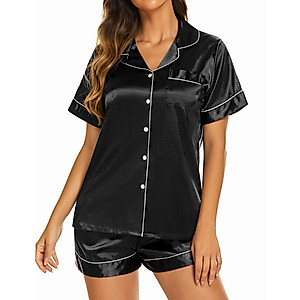 Ekouaer Women's Pajama Sets Silk Satin Pjs Short Sleeve Sleepwear Button Down Nightwear 2 Piece Lounge Shorts Set,Black,Small