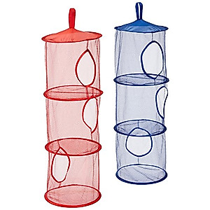 OrangeTag Hanging Mesh Space Saver Bags Organizer 3 Compartments Toy Storage Basket for Kids Room organization mesh hanging bag 2 Pcs Set , Random Colors
