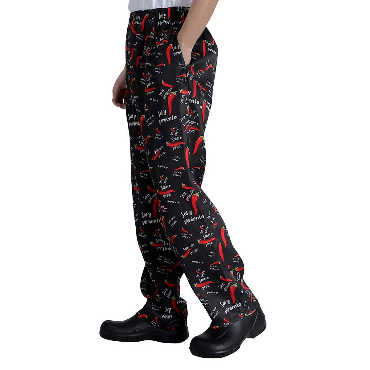 Men’s and Women's Baggy Printed Chef Pants Kitchen Uniforms with Elastic Waist Pants New Chili L