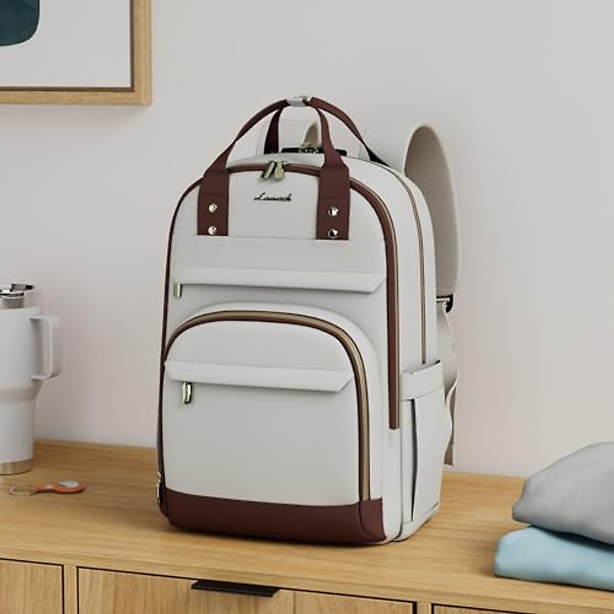 LOVEVOOK Laptop Backpack for Women, Anti-theft Work Travel Business Bag, 17 Inch Large Capacity Computer Backpacks Purse for Men, Casual Nurse Daypack with Lock, Beige-Brown