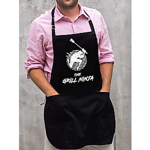 ApronMen, The Grill Ninja BBQ Grilling Funny Aprons For Men With Adjustable Straps One Size Fits All Cooking Aprons With Pockets - Professionally Printed Gifts For Dad