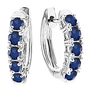 Dazzlingrock Collection Round Lab Created Blue Sapphire Five Stone Hinged Post Huggies Hoop Earrings for Women in 14K White Gold