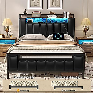 AOGLLATI Full Bed Frame with Hidden Storage Headboard,Metal Bed Frame Full Size with Charging Station and 2-Tier Storage Headboard, Full Bed with Led Lights and Metal Slats, No Box Spring Needed