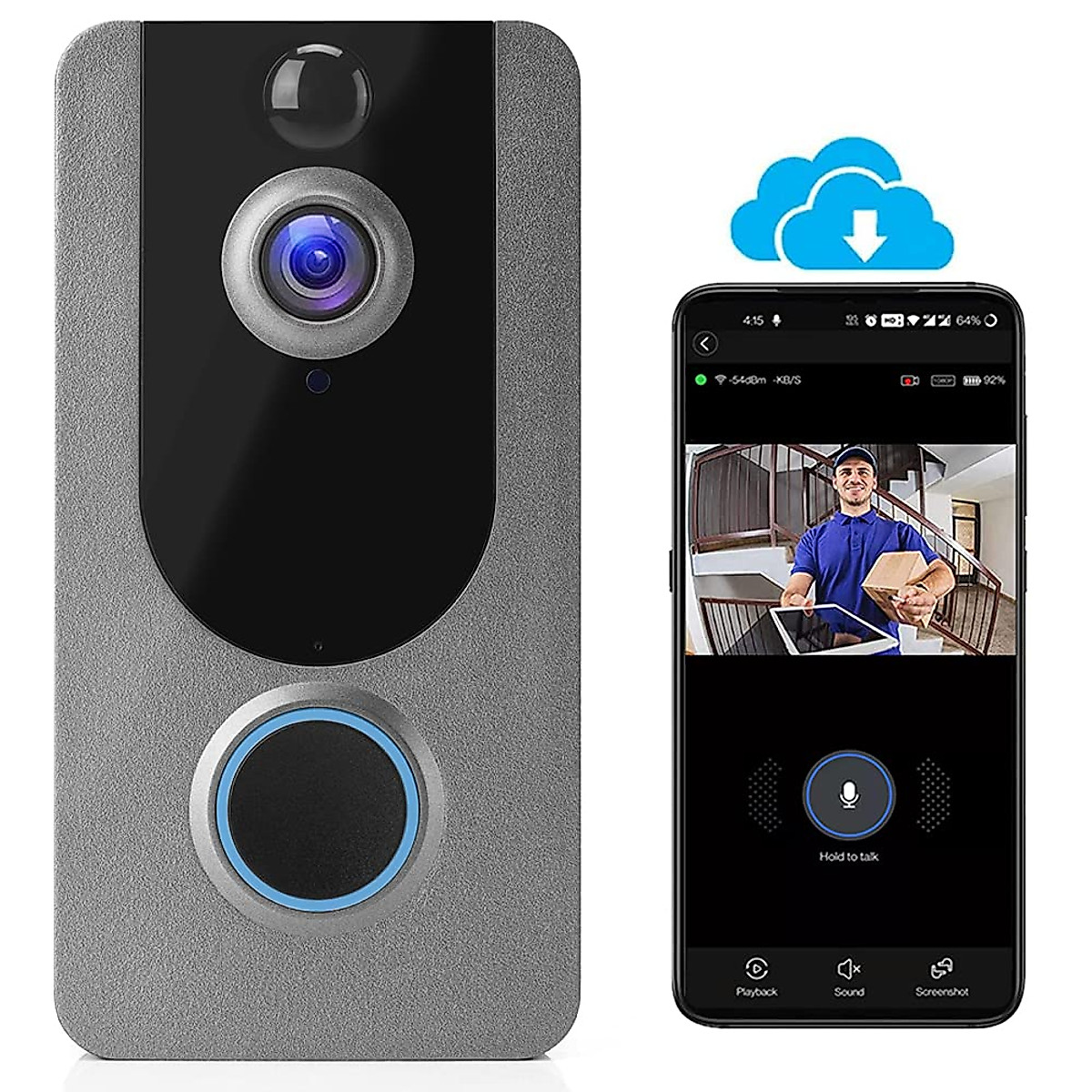 Wireless Video Doorbell Camera, WiFi Doorbell Camera IP65 Outdoor Waterproof 1080P HD WiFi Night Vision Sports Storage Free Cloud Storage for iOS & Android