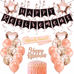 Retirement Party Decorations for Women Rose Gold Happy Retirement Banner Cake Topper Officially Retired Sash Rose Gold Confetti Balloons Foil Swirls Decorations Ideal for Women Retirement Party Supplies