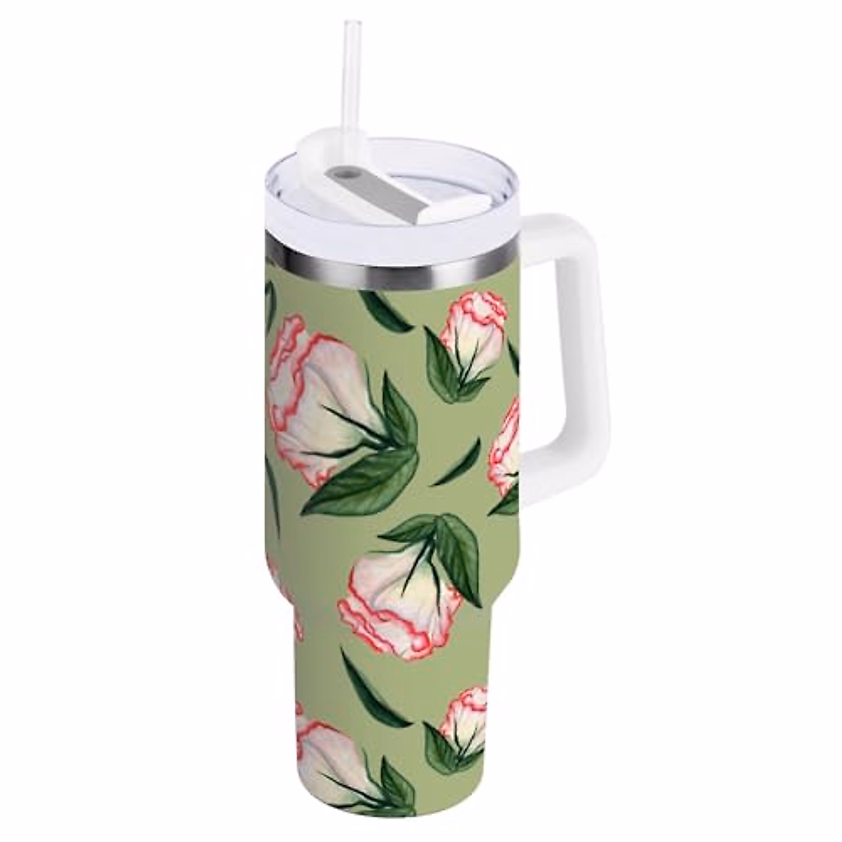 Adornlife Flower Rose Green 30 oz Tumbler with Handle and Straw Lid, 100% Leak-proof Travel Coffee Mug, Stainless Steel Insulated Cup For Beverages, Cupholder Friendly