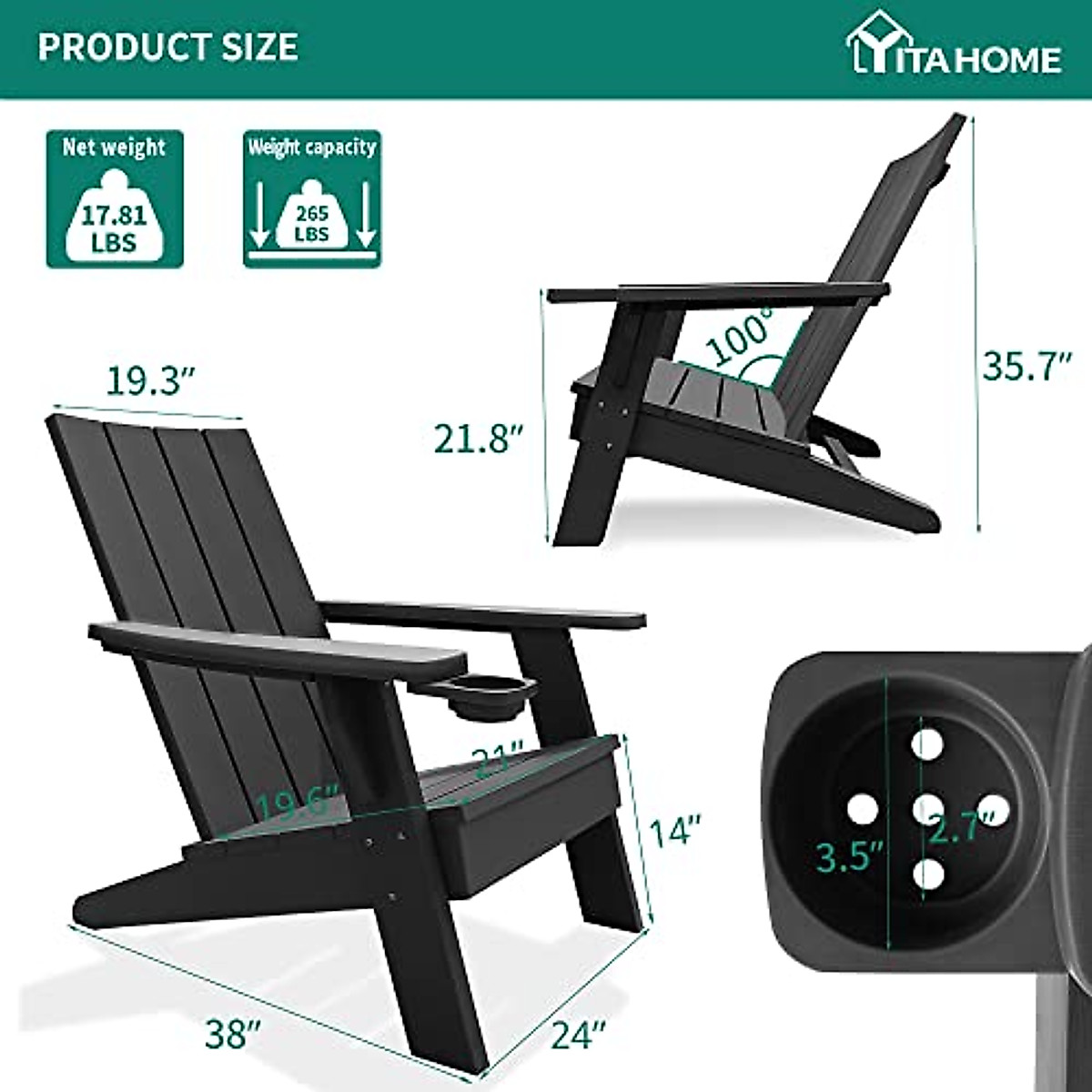 YITAHOME Adirondack Chair with Cup Holder Weather Resistant Resin Adirondack Chairs for Outdoor Garden Lawn Yard Garden Patio Deck Fire Pit