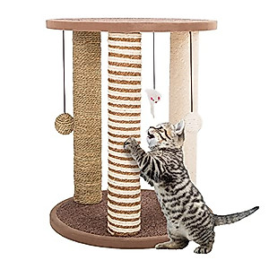 Cat Scratching Post - 3 Scratcher Posts with Carpeted Base Play Area and Perch - Furniture Scratching Deterrent for Indoor Cats by PETMAKER (Brown)