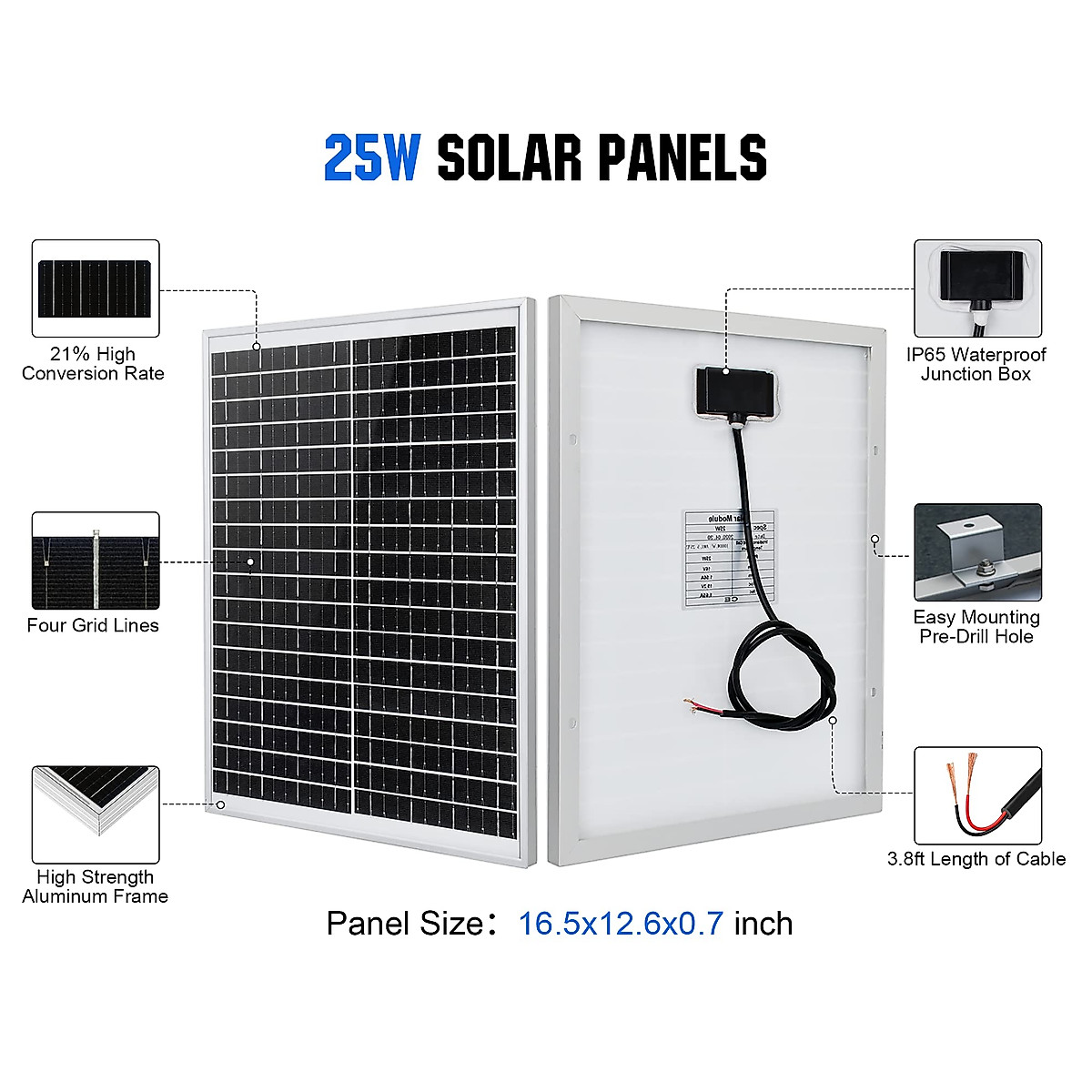 ECO-WORTHY Solar Panel 25W 12V Monocrystalline Waterproof Panel for Charging 12V Battery of RV Boat Trailer ATV Car or Powering 12V Light, Charing 12V Battery Pack and Other Off-Grid Applications