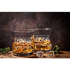 I Drink and I Know Things Funny Premium Whiskey Glasses for Men, Women, Adults, Personalized Drink Glass Birthday Gifts for Friends, Mom, Dad, Man, Coworkers, Unique Gifts for Him, Friends, 11 oz
