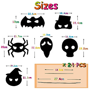 24 Pack Magic Scratch Paper Art Masks Set for Kids Rainbow Painting DIY Crafts Black Supplies Coloring Kits for Halloween Birthday Party Favors Creative Gift Bat Pumpkin Spider Wizard Hat Skull Ghost