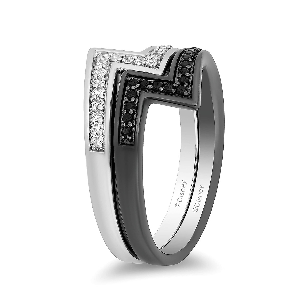 Jewelili Enchanted Disney Fine Jewelry I Rock Sterling Silver and Black Rhodium 1/4 cttw Diamond Disney Cruella Live Action Stack Ring, Size 9