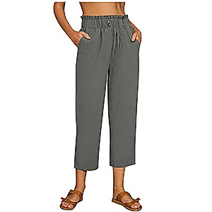 Elastic High Waisted Capris for Women Casual Loose Comfy Summer Cotton Linen Pants Wide Leg Cropped Trousers