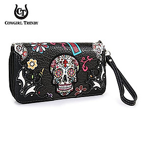 Sugar Skull Western Cross Clutch Wallet Day of the Dead Wristlet Purse Calavera (Black)