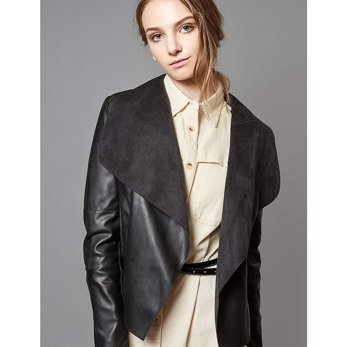 Escalier Women's Faux Leather Jackets Slim Open Front Lapel Blazer Jackets Black Medium