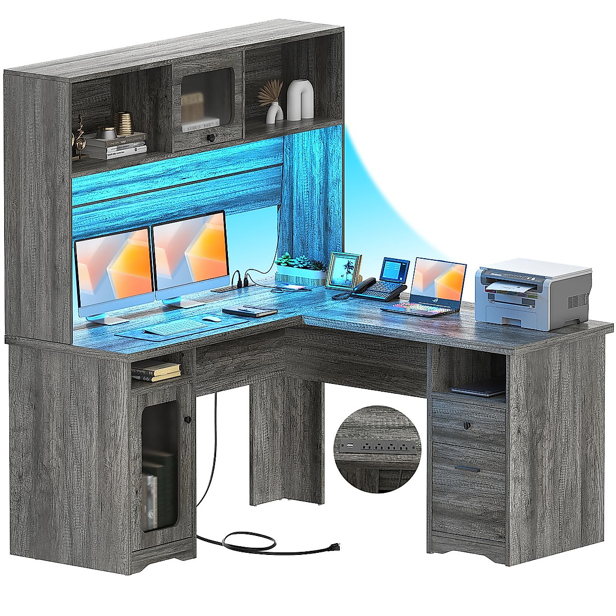 Unikito Office Desk with Drawers and Hutch, Large L Shaped Computer Desk with Power Outlet and LED Lights, 60 Inch Modern Corner Desk with File Cabinets, Sturdy 2 Person Home Office Table, Gray Oak