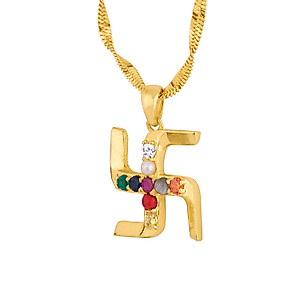 RUDRADIVINE Rudra Divine Navratan Swastik Pendant 24Ct Gold Plated With Real Semi-Precious Gemstone With Gold Plated Chain