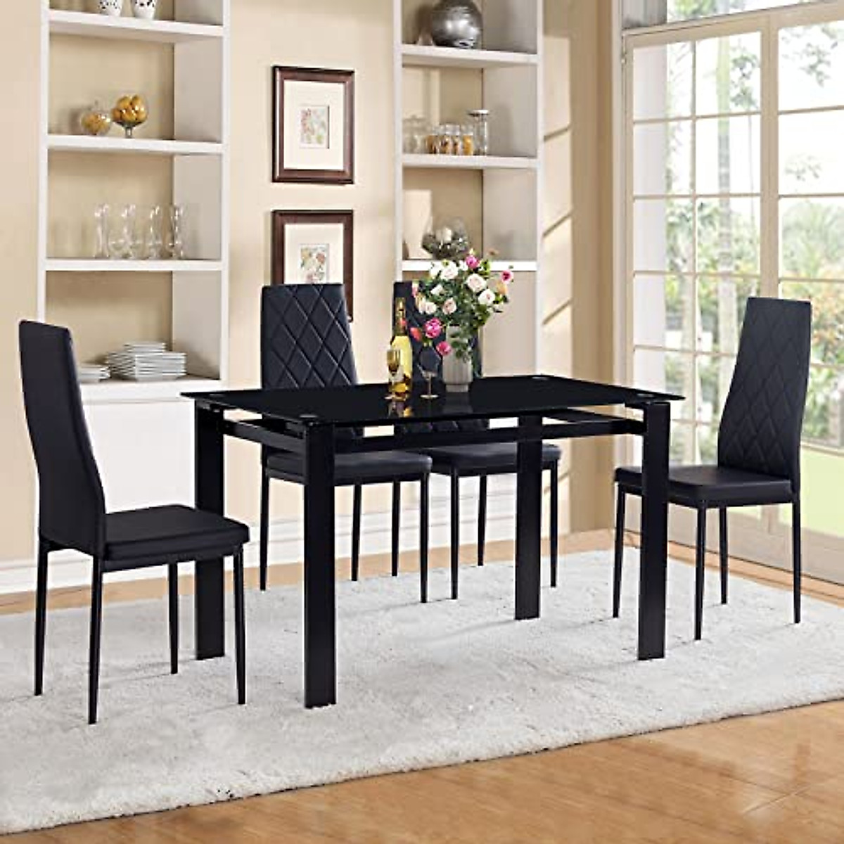 Recaceik 5 Pieces Modern Dining Table Set for 4, Rectangle Glass Table and 4 PU Leather Kitchen Dining Room Chairs with Metal Frames, Dining Room Table and Chairs Set, Easy to Clean & Assemble