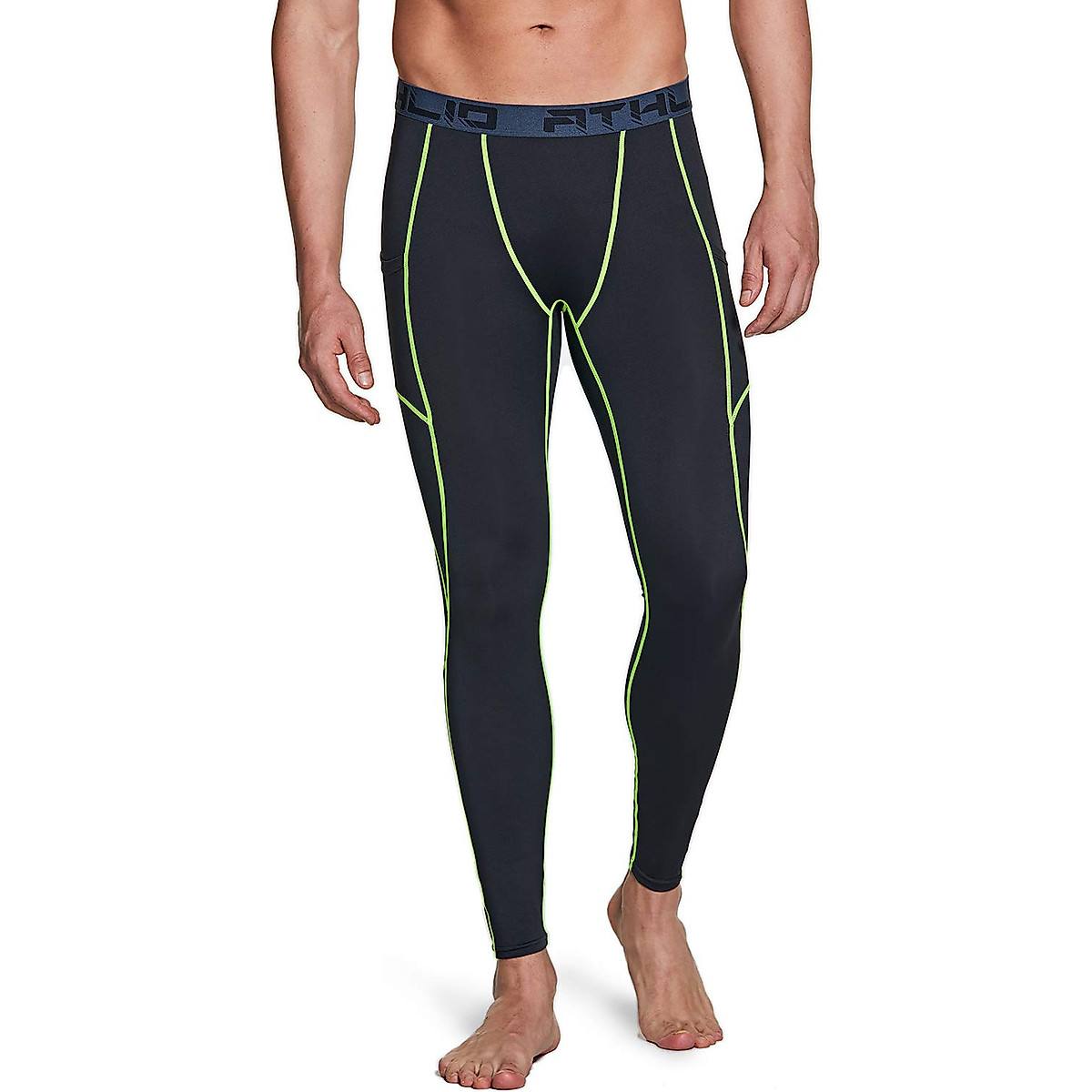 ATHLIO Men's Compression Pants Running Tights Workout Leggings, Cool Dry Technical Sports Baselayer, Pocket 2pack Leggings Black & Neon/Charcoal, Medium